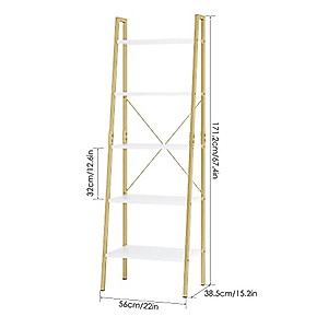 finetones 5-Tier Ladder Shelf, Gold Bookcase Bookshelf with Metal Frame, Display Shelf Plant Rack Accent Furniture for Home Office, White/Golden