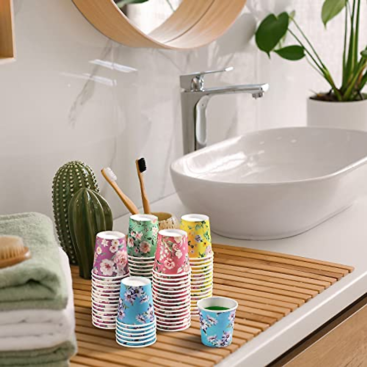 500 Pcs Tasting Paper Cups 2oz Disposable Mouthwash Cup Mini Beverage Drinking Cup Small Snack Cup for Kid Adult Home Bathroom Kitchen Picnic Travel Events Party Supplies Favors (Retro Flower)