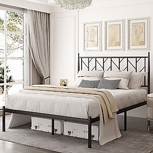 Allewie Queen Size Platform Bed Frame with Vintage Headboard, 14 Inches Metal Mattress Foundation for Storage, No Box Spring Needed, Easy Assembly, Modern, Black
