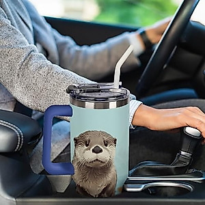 LLUTSNTH 40 Oz Vacuum Tumbler with Deep Blue Handle Leakproof Insulated Tumbler Cute Otter Stainless Steel Travel Mug with Lid And Straw Coffee Cup Cute Water Bottles Cup Holder Friendly