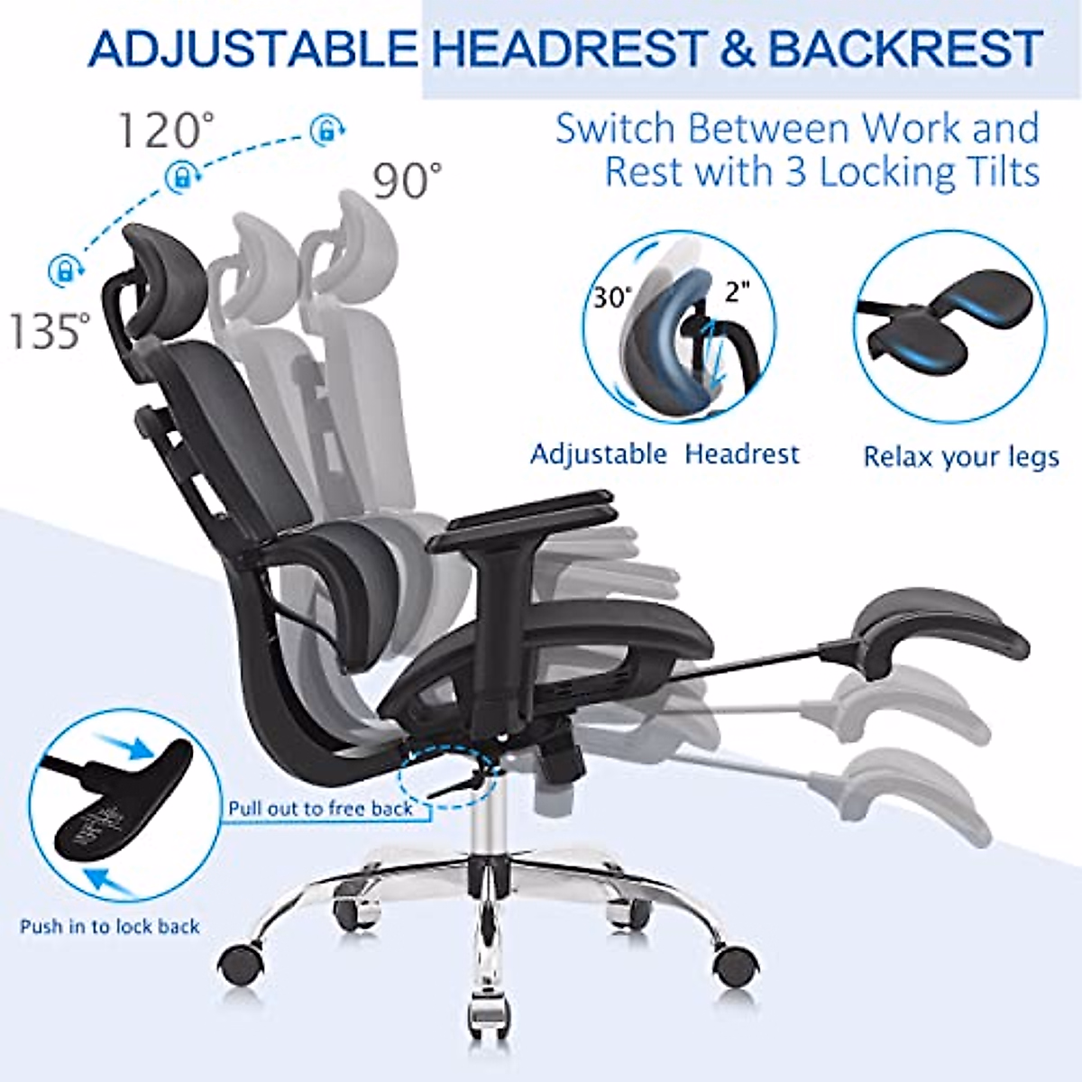 Ergonomic Office Chair with Foot Rest,Home Desk Chair Breathable Mesh, Lumbar Support Computer Chair with Flip-up Arms, Swivel Task Chair, Adjustable Height Gaming Chair Black