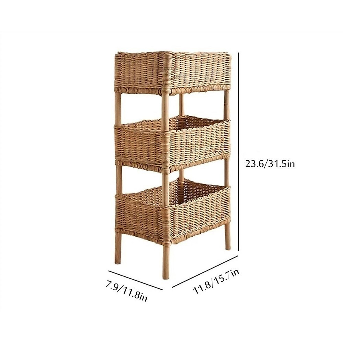 WKSPOO 3-Tier Rattan Storage Rack, Hand-Woven Storage Rack, Vertical Tiered Basket for Living Room, Bedroom, Kitchen, Bathroom(Brown,11.8X7.9X23.6in)