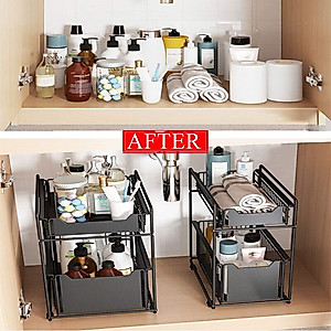 KirinRen Stackable 2-Tie Under Sink Cabinets Organizer With Sliding Storage Drawer, Pull Out Cabinets Organizer Shelf, Sliding Basket Organizer Drawer For Kitchen, Bathroom, Office (black)