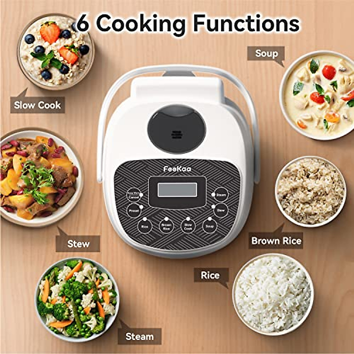 FEEKAA Small Rice Cooker 2 Cup, Mini Japanese Rice Cooker, 6-in-1 Portable Slow Cooker, Travel Rice Maker, Soup Maker, Stew Pot, Keep Warm & Delay Timer, White, 1.2L