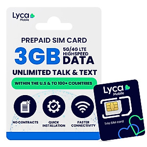 Lycamobile 30 Day Prepaid SIM Card for Cell Phones, 3GB High Speed 4G LTE/5G Data, International Talk & Text to 100+ Countries, Quick Activation, 3-in-1 Triple-Cut, Compatible w/Most Mobile Phones