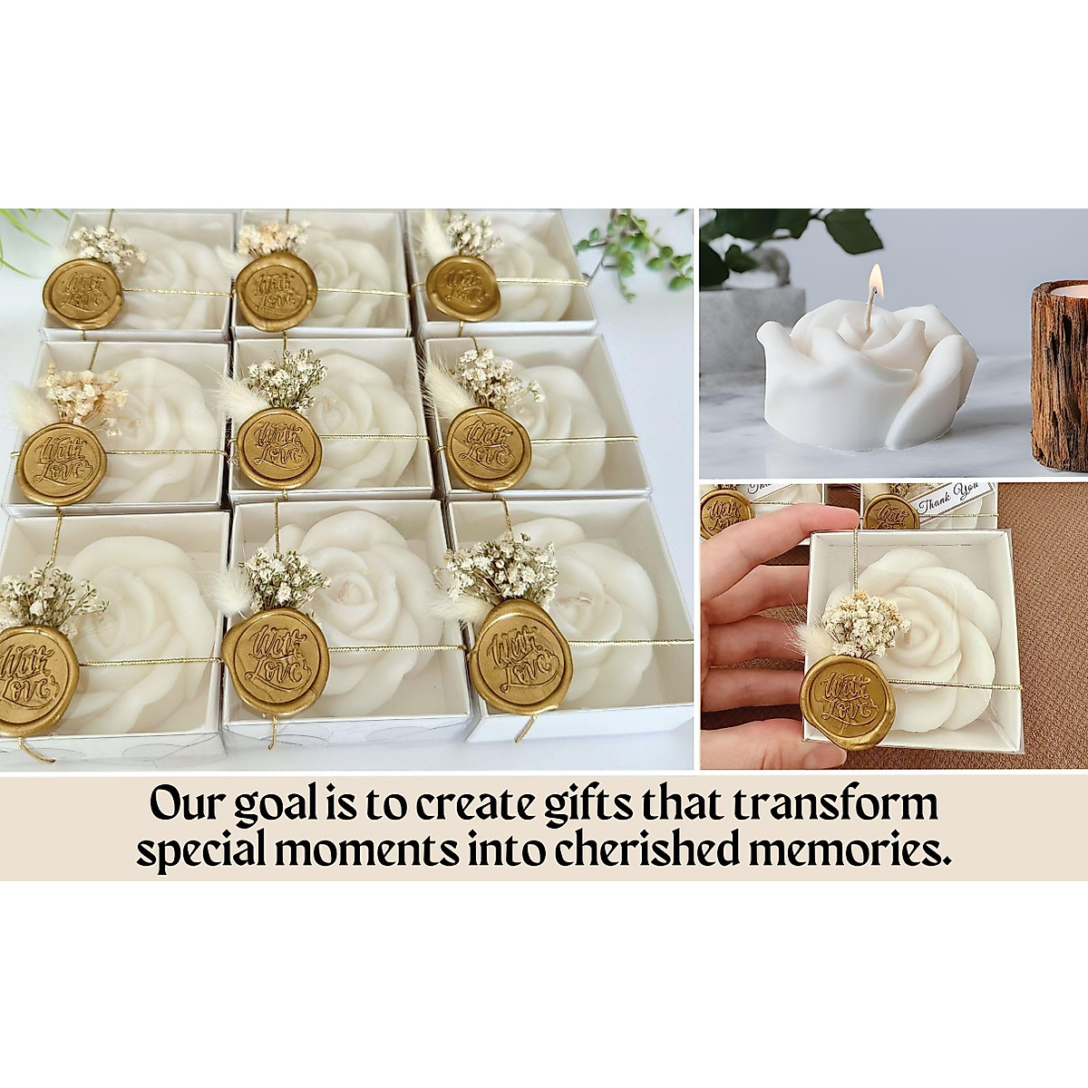 White Rose Petal Soy Wax Candles in Bulk - Scented Wedding Favor, Bridal Shower Baby Shower Birthday Gift - Dried Flower, Wax Stamp (10 Pieces)