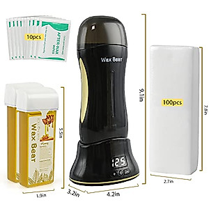 Wax Bear Roll On Wax Kit for Hair Removal,Roller Wax Cartridge Depilatory Wax Heater Kit Digital Temperature Display with for Personal & Professional Use，Black