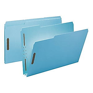 Smead 100% Recycled Pressboard Fastener File Folder, 2 Fasteners, 1/3-Cut Tab, 2" Expansion, Legal Size, Blue, 25 per Box (20001)