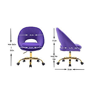 ZOBIDO Comfy Home Office Task Chair with Wheels, Cute Modern Upholstered Velvet Seashell Back Adjustable Swivel Vanity Desk Chair, for Women, for Kids, for Girls, Living Room, Bedroom (Purple)