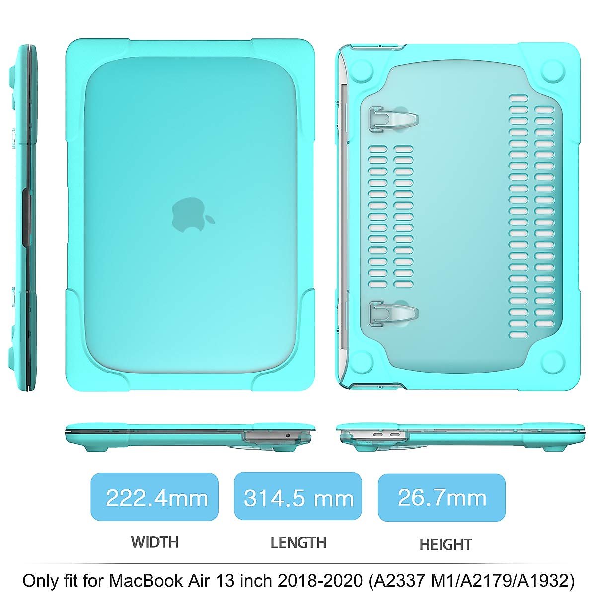 Batianda Heavy Duty Case for MacBook Air 13 inch 2020 A2179 A1932 A2337 M1 Chip with Touch ID, Hard Shell Cover with Foldable Kickstand Shockproof Function and Keyboard Cover, Cyan