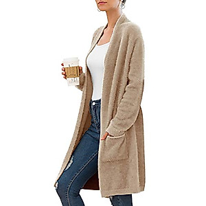 QIXING 2022 Women's Casual Open Front Knit Cardigans Long Sleeve Plush Sweater Coat with Pockets Khaki-Medium