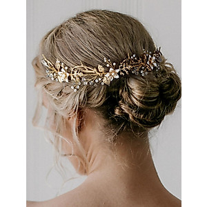 SWEETV Gold Wedding Headband Flower-Leaf Bridal Headpieces for Wedding Hair Accessories for Brides Crystal Pearl Hair Vine