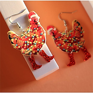 Acrylic Big Rooster Chicken Earrings Funny Cute Kawaii Dinosaur Chicken Dangle Earrings Farm Boots Chicken Hen Dangle Earrings for Women Aesthetic Charming Jewelry Gift (Christmas Chicken)