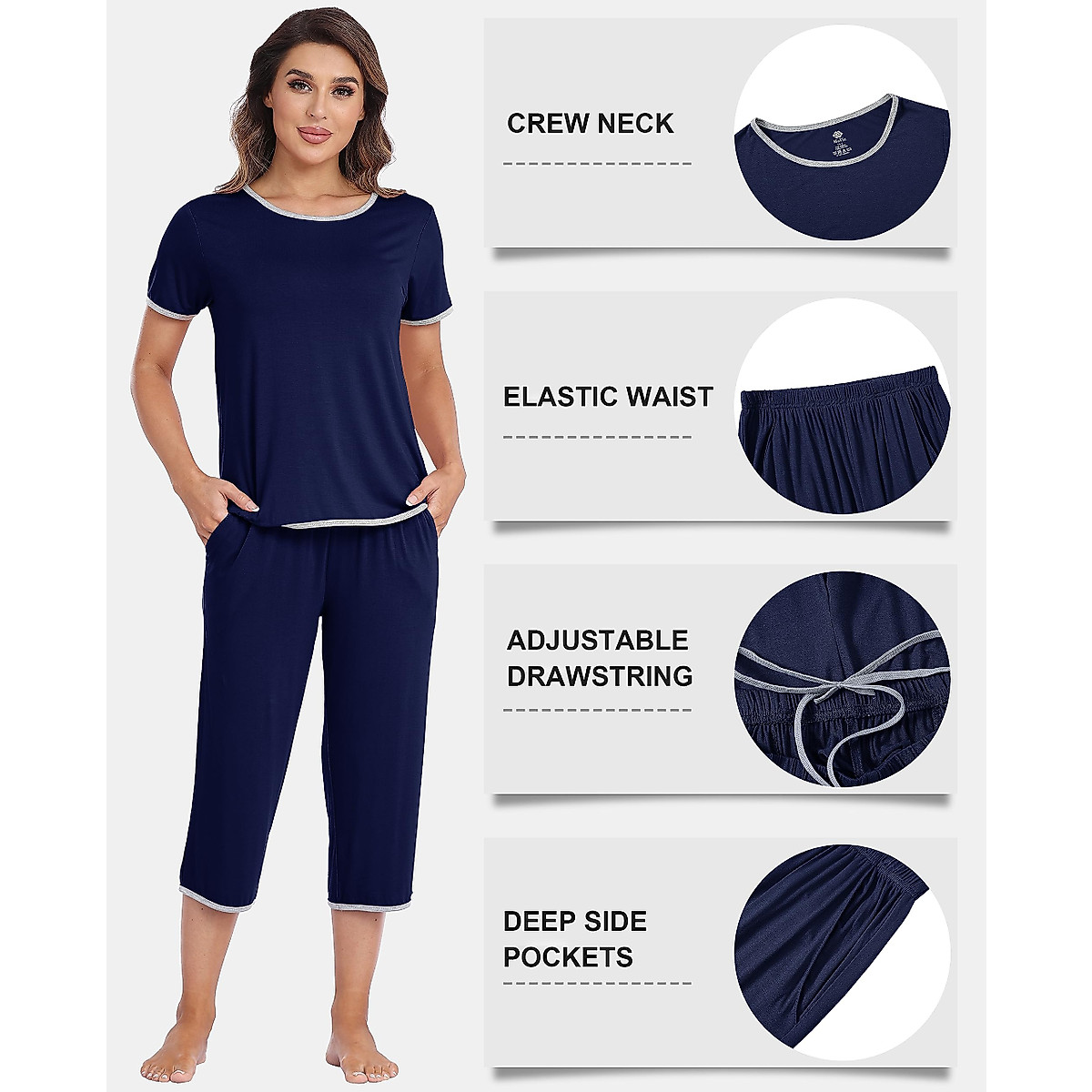JINSHI Ladies Jammies Cooling Pj's Short Sleeve And Capri Pants with Pockets for Girlfriend Womens Pajamas Summer Navy S