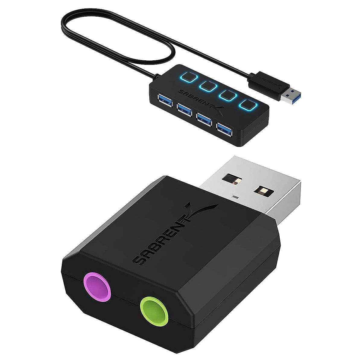 USB External Stereo Sound Adapter for Windows and Mac + SABRENT 4-Port USB 3.0 Data Hub