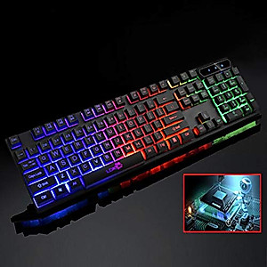 Rainbow LED Backlit 104 Keys Gaming Keyboard, Compact Keyboard with 12 Multimedia Shortcut Keys USB Wired Keyboard for PC Gamers Office