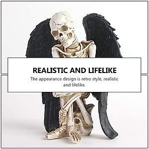 VOSAREA Resin Skeletons Statue Skull Collectible Figurine with Black Angle Wings Resin Figures Decoration for Home Shelves Porch Yard Garden Fireplace Mantle