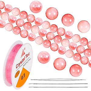 Ecally Natural Gemstone Beads for Jewelry Making, Pink Crystals Marbles Kit,8 mm Marble Beads,45 PCS Round Beads, Crystal Beads for Bracelets Making Bead Cord Needles, Adult (Pink White)
