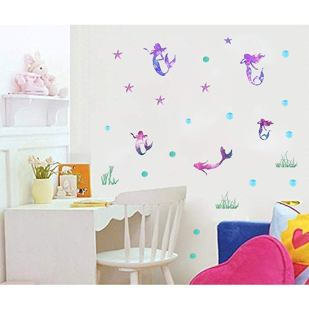 Easu Mermaid Wall Decals Girls Nursery Bedroom Wall Sticker Girls Wall Decals Mermaids Decorative Peel & Stick Wall Decals
