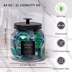 4 Pack Laundry Room Organization and Storage Containers 64 Oz With Labels, Half Gallon Glass Laundry Organizer Jar Holder For Laundry Pods, Scent Booster, Detergent, Dryer Balls Includes 4 Scoops