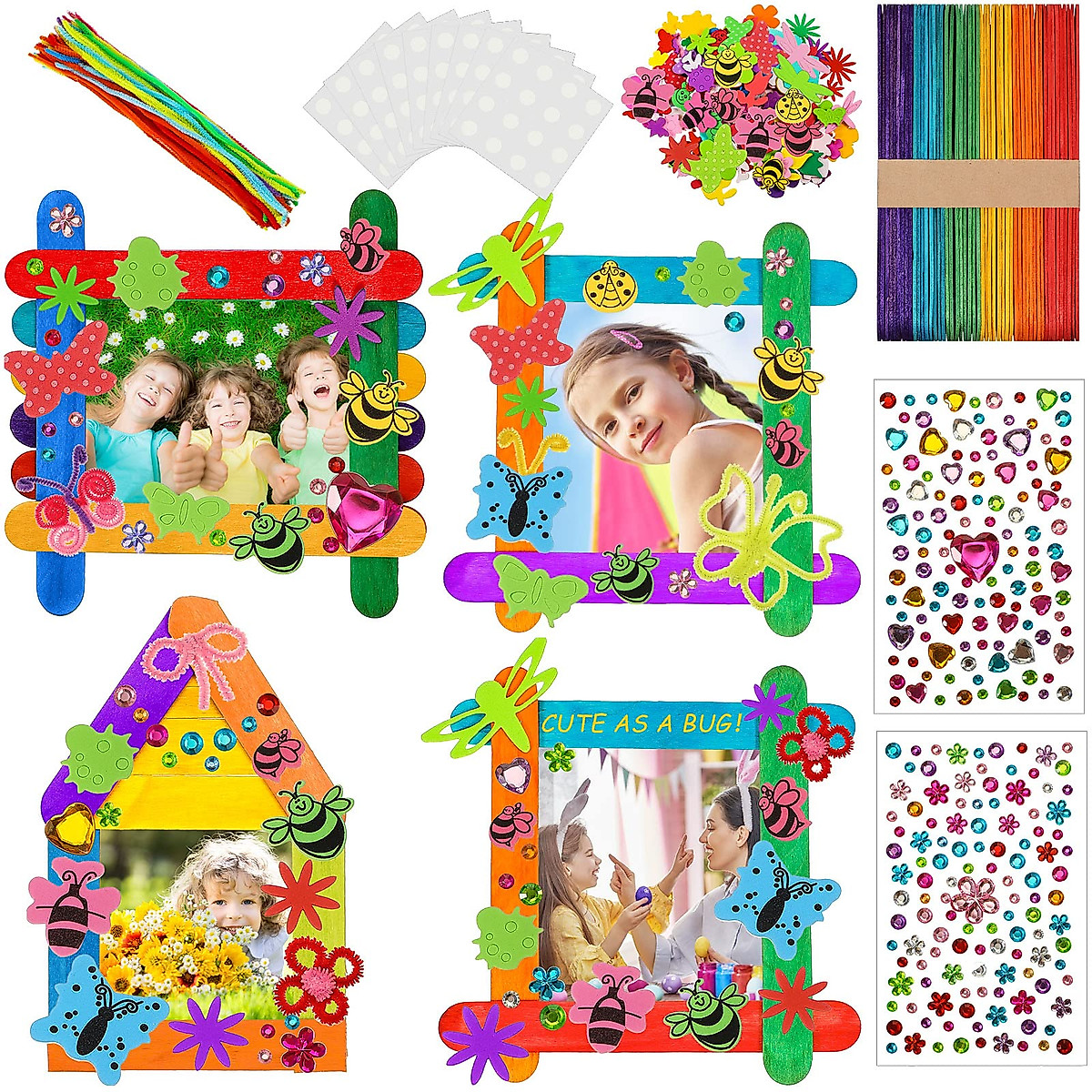 Gersoniel Picture 212 Pcs Frame Craft Kits for Kids Art DIY Photo Kit Include 100 Chenille Stems 2 Sheet Gems Stickers 50 Colored Craft Sticks 50 Foam Stickers for Party Favor Classroom(Spring Style)