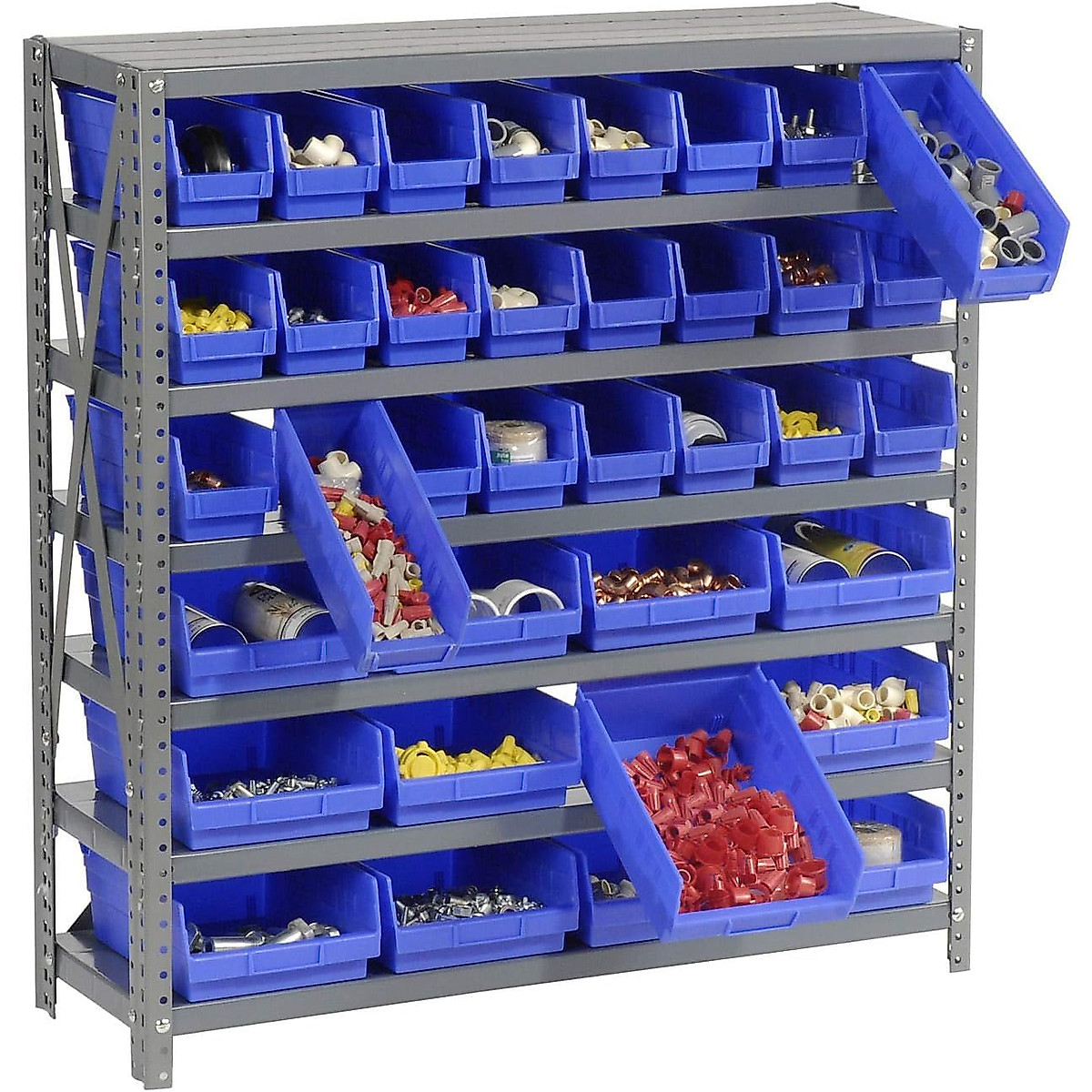 Global Industrial 7 Shelf Steel Shelving with (36) 4" H Plastic Shelf Bins, Blue, 36x12x39