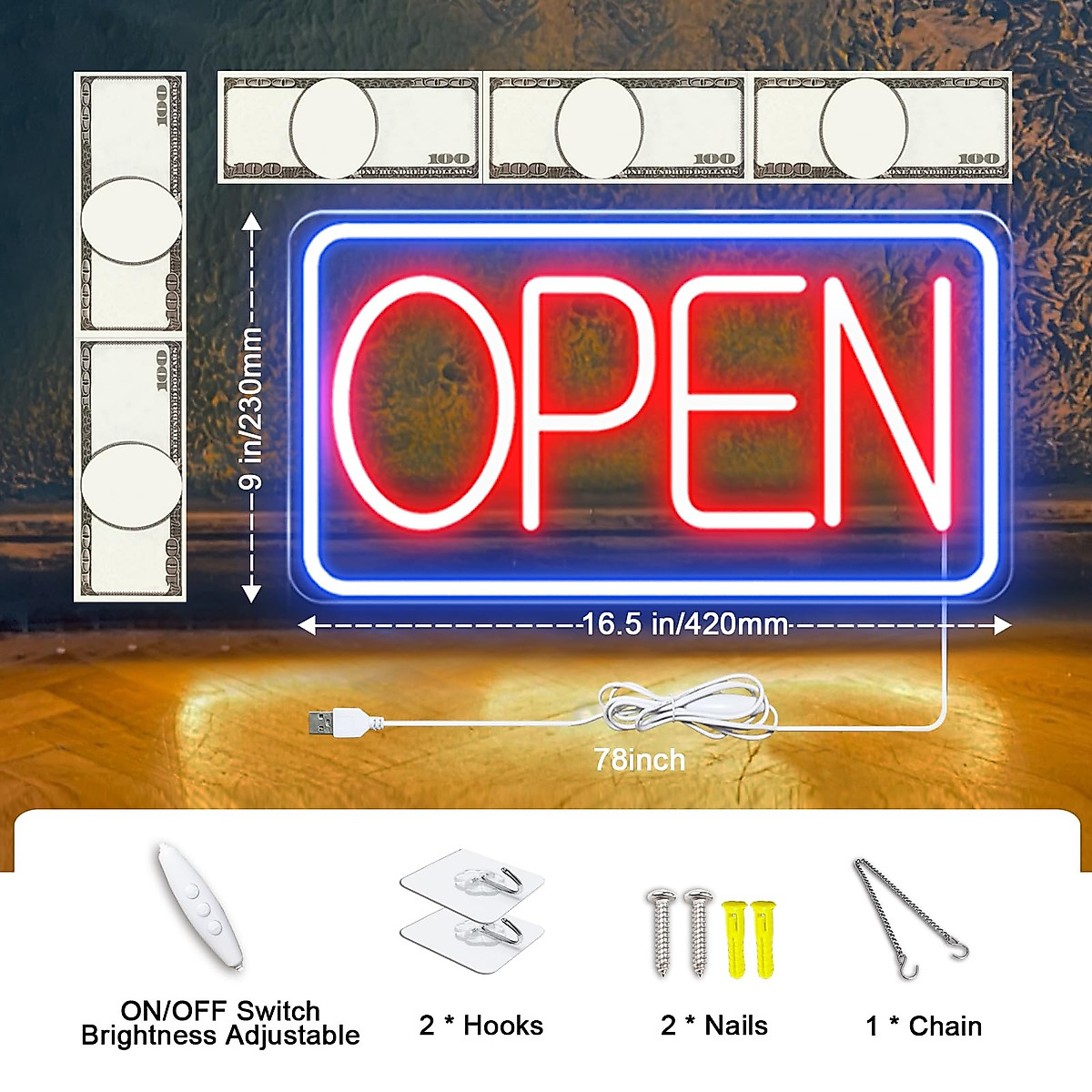 Led Neon Open Signs for Business,16.5"X 9" Open Signs, Powered by USB with ON/OFF Switch, Adjustable Bright Led Neon Open Sign for Bar Salon Coffee Stores Club Hotel (Blue/Red-Horizontal)