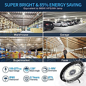 AKK 200W LED High Bay Light 180W 150W Tunable, 3 Color Switchable 30000LM UFO LED High Bay Light(Eqv. 900W MH/HPS), 1-10V Dimmable High Bay LED Lights, US Plug 5' Cable, 100-277V for Factory Warehouse