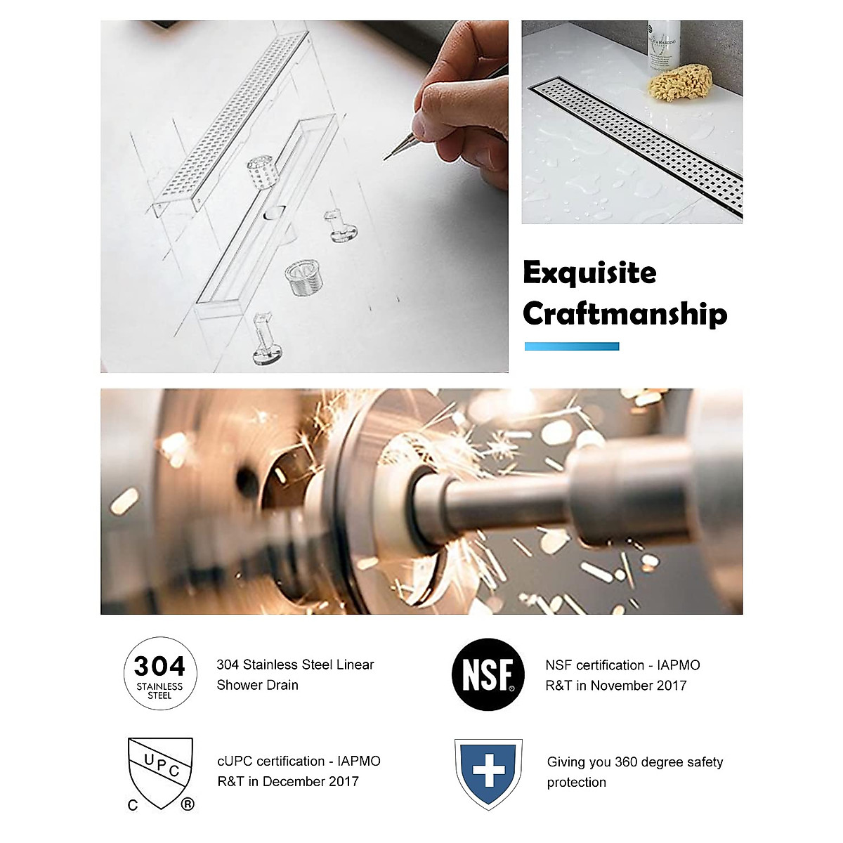 HTOH Shower Drain, Linear Shower Drain 24 Inch(Brushed Nickel),Modern 304 Stainless Steel Shower Floor Drain with Grate Removable, Adjustable Leveling Feet, Rectangular Shower Drain