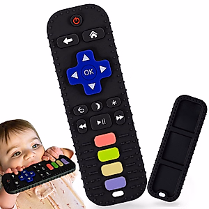 Jkevow Baby Teething Toys, Silicone Teethers Toys for Babies 0-24 Months, Remote Control Shape Baby Teethers Chew Toys, BPA Free Freezable Relief Molars Gums Pain (Black)