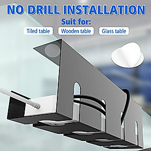 Under Desk Cable Management Tray, No Drill, Steel Desk Cable Management Tray with Wire Organizer and Cord Organizer, Large Rack, Under Desk Black Cable Raceway Tray for Cords /Power Strip, 15.7 in