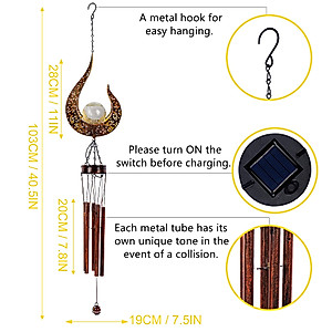 MAGGIFT Outdoor Solar Wind Chime for Hanging, Metal Moon Crackle Glass Ball Warm LED Light Sympathy Wind Chime, Mobile Hanging Decorative Patio Lights for Yard Garden, Gifts for Mom Women Wife
