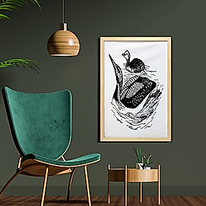 Ambesonne Loon Wall Art with Frame, Pencil Sketch Illustration of Mother and Silhouettes Swimming in Pond, Printed Fabric Poster for Bathroom Living Room Dorms, 23" x 35", Charcoal Grey White