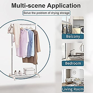 BAOYOUNI Single Rod Clothing Garment Rack on Wheels Metal Rolling Clothes Display Hanging Rail Coat Stand Storage Holder Organizer, Height Adjustable (Ivory)