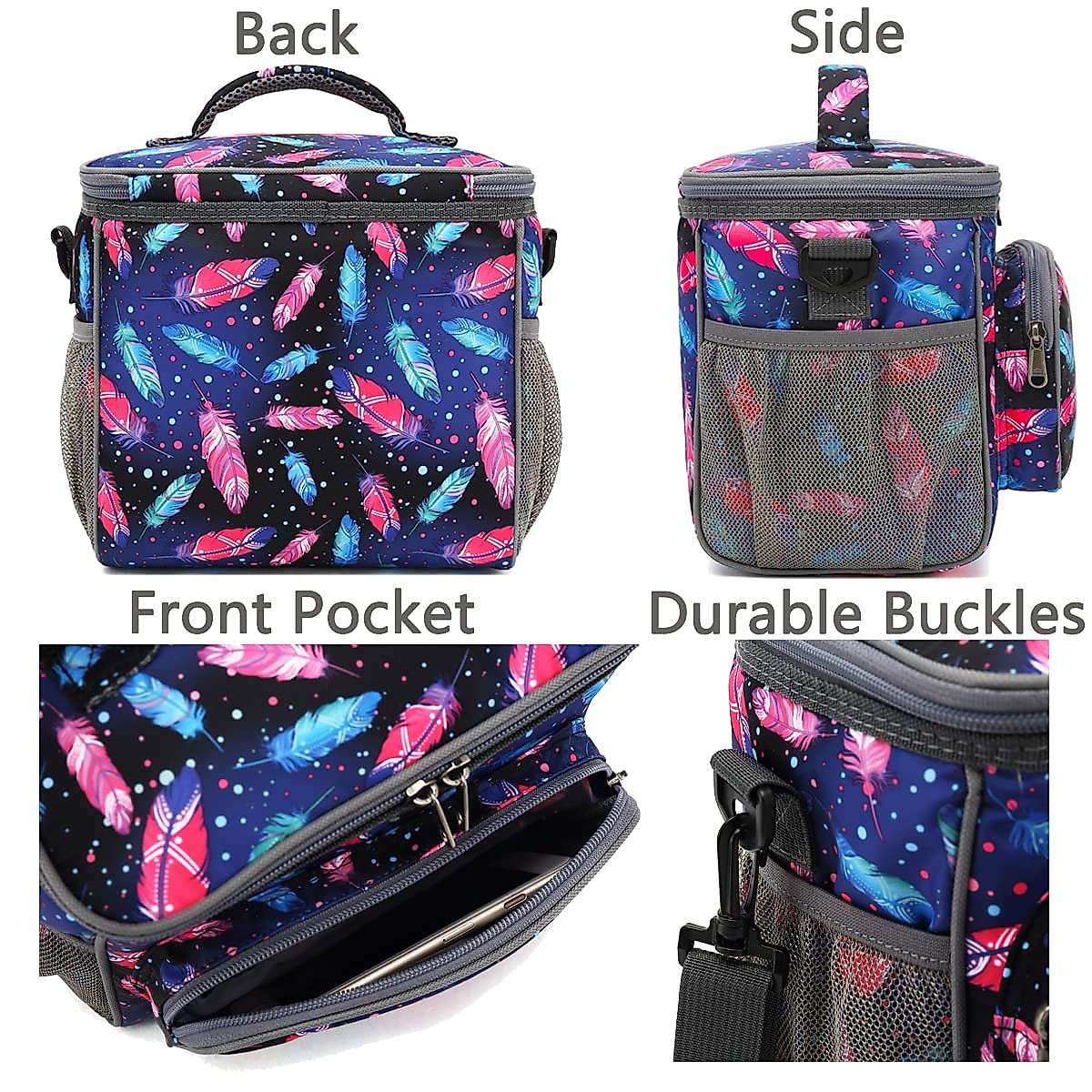FlowFly Insulated Reusable Lunch Bag Adult Large Lunch Box for Women and Men with Adjustable Shoulder Strap,Front Zipper Pocket and Dual Large Mesh Side Pockets,Feather