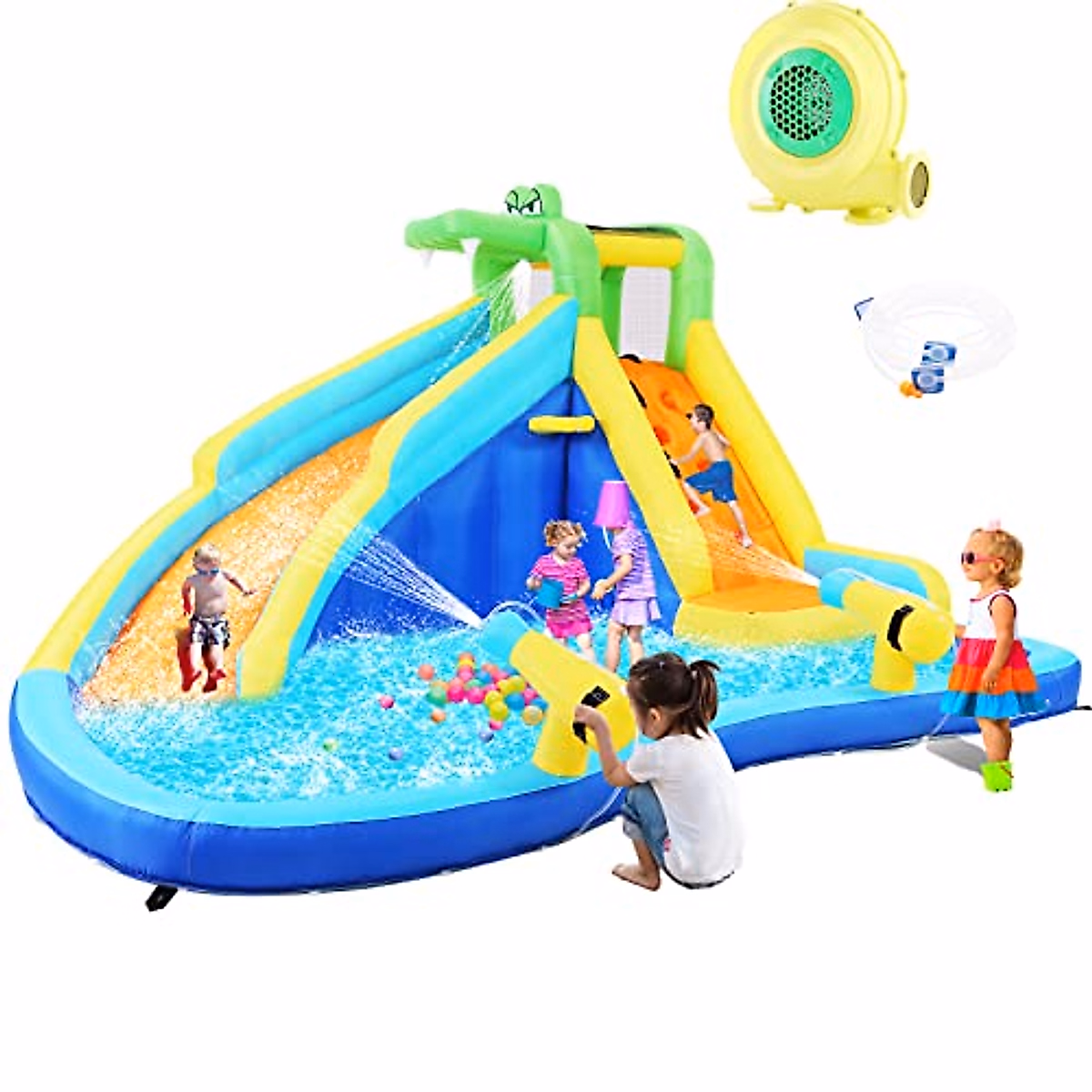 DREAMVAN Inflatable Water Slide Park, Kids Bounce House with Slides, Climbing Wall, Splash Pool, Cannon, Basketball Hoop Jumping Castle w/Air Blower, Hose, Carry Bag, Repairing Kit, Stakes