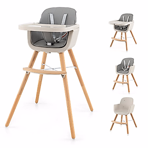 HONEY JOY High Chair, 3-in-1 Eat & Grow Wooden Highchair/Toddler Chair with Removable Tray, 5-Point Harness, PU Cushion and Footrest for Baby, High Chair for Babies and Toddlers(Gray)