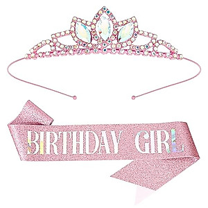 SuPoo Tiaras for Girls Pink Birthday Crown Birthday Girl Sash Princess Crown Birthday Girl Headband Crystal Birthday Tiara with Comb Crown for Girls Rhinestone Happy Birthday Accessories Gift