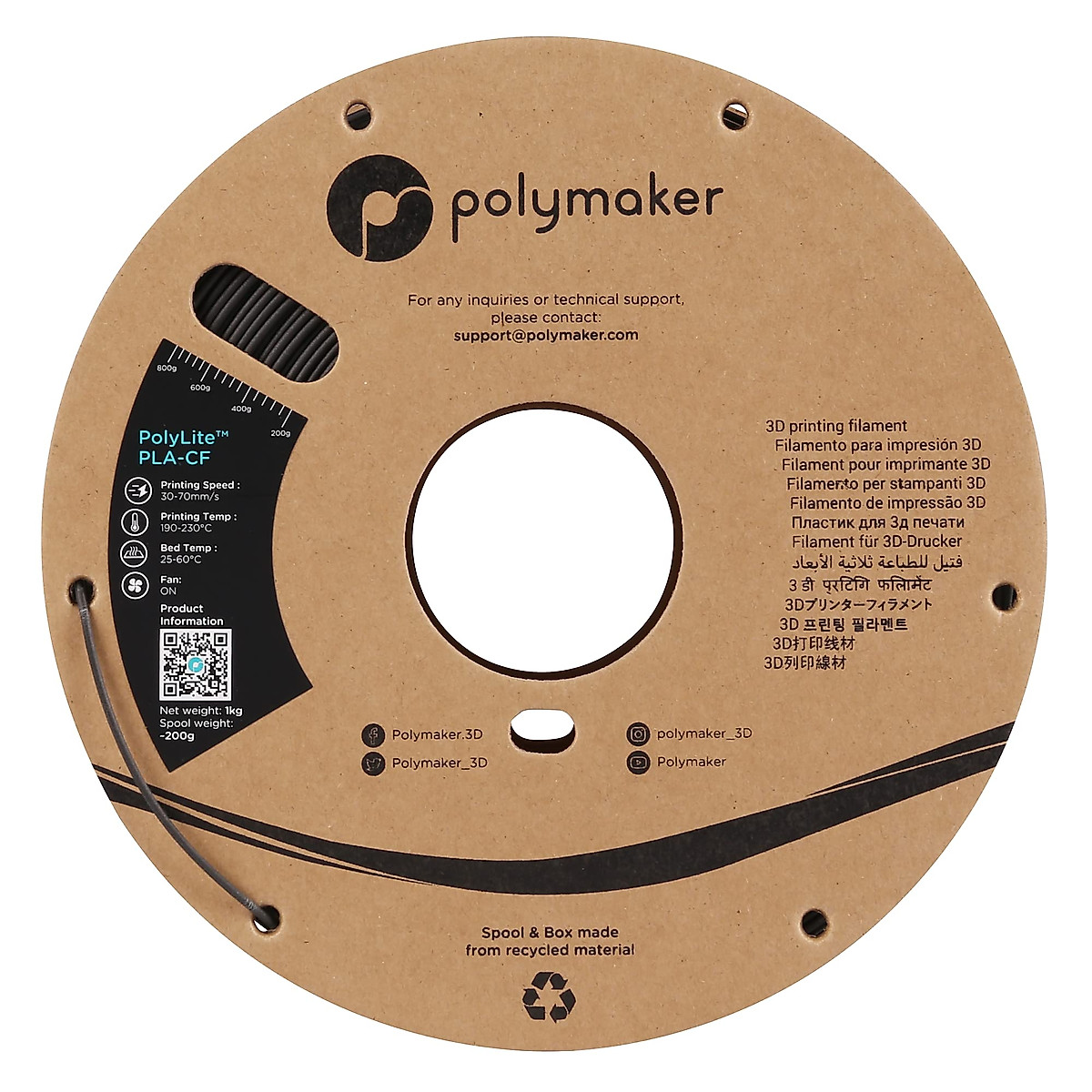 Polymaker Carbon Fiber PLA Filament 1.75mm, Carbon Fiber Reinforced PLA 3D Printer Filament Strong 1kg - PolyLite 1.75 PLA Carbon Fiber 3D Printer Filament Strong & Easy to Print & Matte PLA-CF