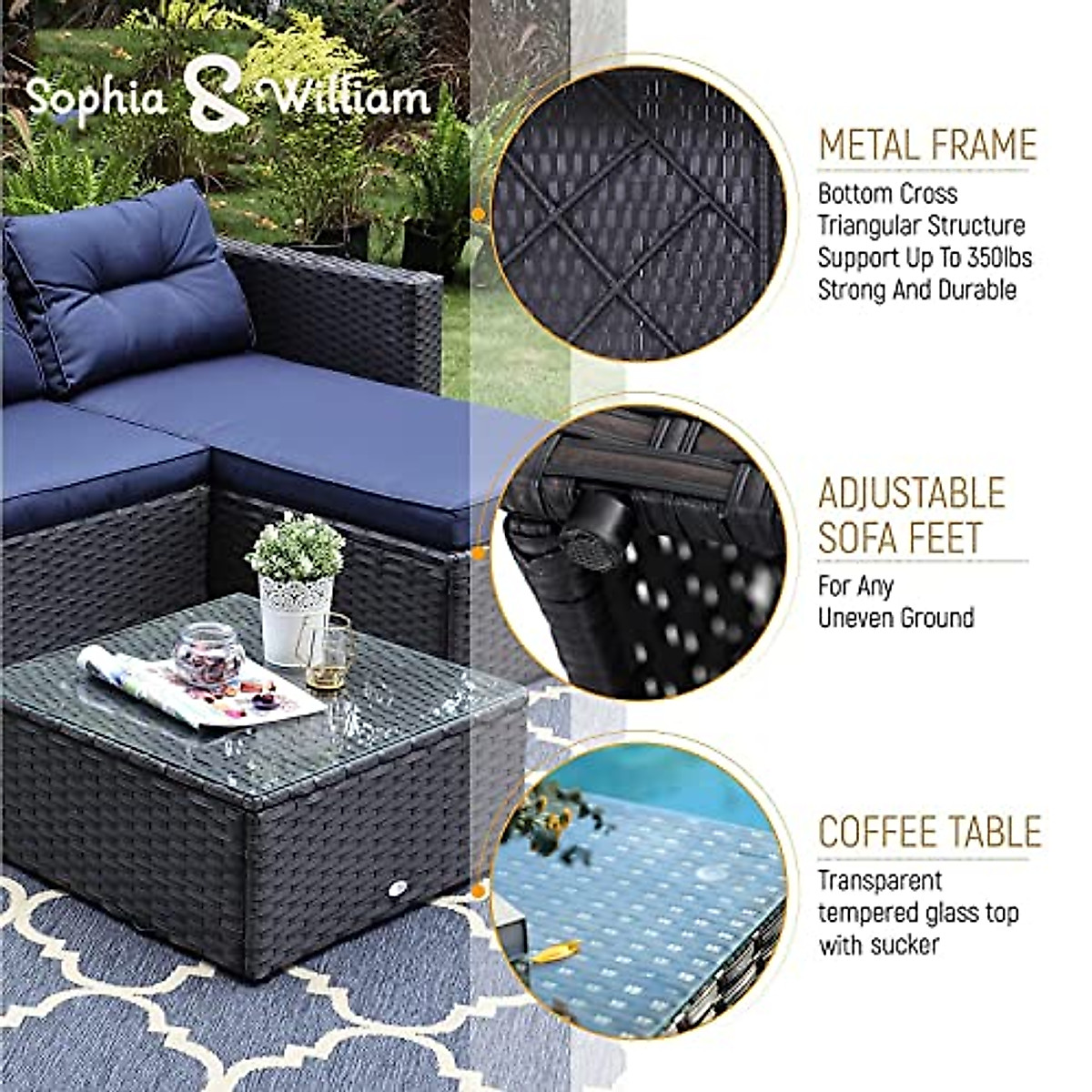 Sophia & William Patio Furniture Sectional Sofa with Gas Fire Pit Table All-Weather Wicker Rattan Outdoor Conversation Sets W/Coffee Table, CSA Approved 28-Inch 50,000BTU Propane Fire Pit (Navy Blue)
