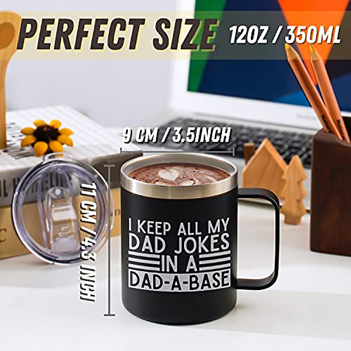 Onebttl Dad Gifts Dad Joke Coffee Mug Stainless Steel, Dad A Base, Father Presents from Daughter Son for Father's Day Birthday Christmas, Travel Mug with Lid, 12oz/350ml - Dad Jokes