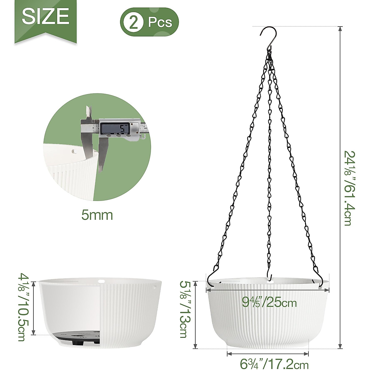 T4U 10 Inch Hanging Planters for Indoor Outdoor Plants, 2 Pack White Self Watering Hanging Plant Pot, Hanging Pots Set with Drainage Hole & Plug & Chain with 3 Hooks for Garden Home Decor