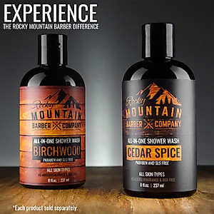 Rocky Mountain Barber Company Cedar Spice All-In-One Body Wash – Shampoo, Body Wash, Conditioner, Face Wash & Beard Wash with Essential Oils - 8 oz
