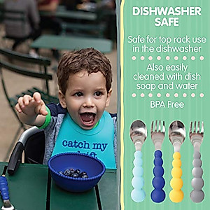 Chewbeads - Toddler Utensils Set - 4 Piece Baby, Kid or Toddler Silverware Set - Toddler Forks and Spoons Flatware - 100% Safe, BPA Free & Phthalate Free (Blue/Grey)