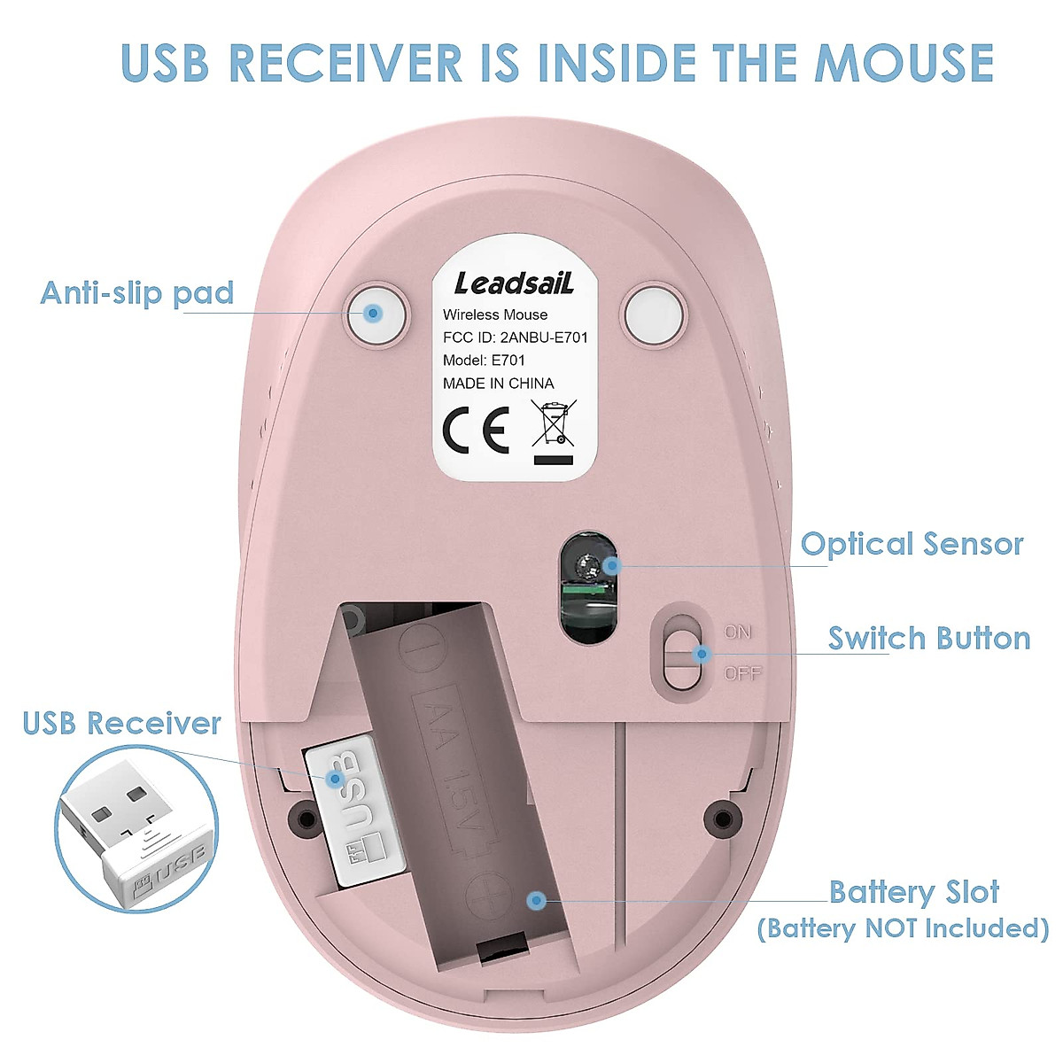 LeadsaiL Wireless Mouse for Laptop, 2.4GHz Silent USB Mouse, Slim Optical Mouse with 3 Buttons, 1600 DPI, Works with Windows, Mac, Chrome OS, Linux