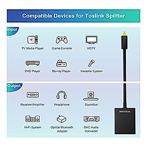 VCELINK Optical Cable Splitter Fiber 1 in 2 Out Toslink Splitter, 24K Gold Plated Connectors for CD Player, DVD Player, Digital TV, Receiver, Sound Bar, Amplifier (Black)