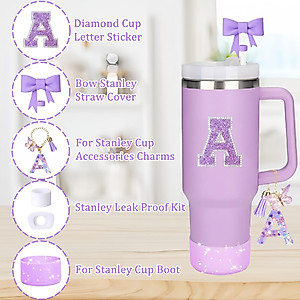 MOTEERLLU 6pcs Stanley Cup Accessories Set,Bow Straw Cover for Stanley Cup 30oz 40oz, Including Straw Topper,Spill Proof Stopper,Sparkly Silicone Boot Set,Handle Charm,Initials Sticker (A)