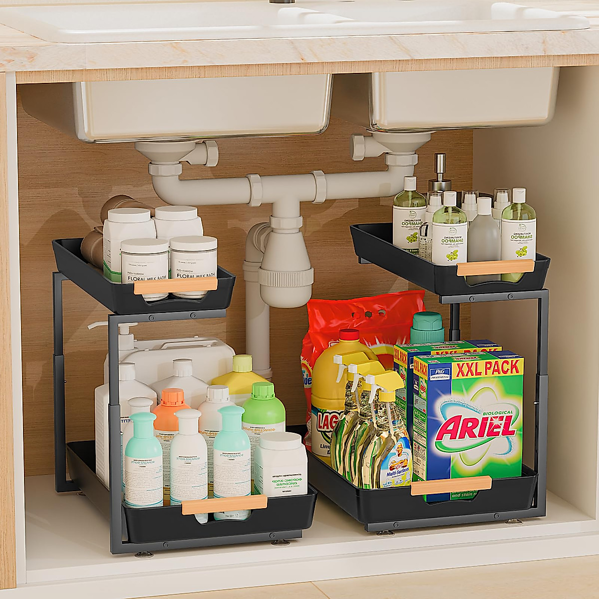 LIUMAYAS 2 Pack Under Sink Organizer Pull 0ut, 3 Height Adjustable Under Kitchen Sink 0rganizer and Storage Black, 2 Tier Double Sliding Drawer Cabinet Organizer for Kitchen Bathroom Pantry