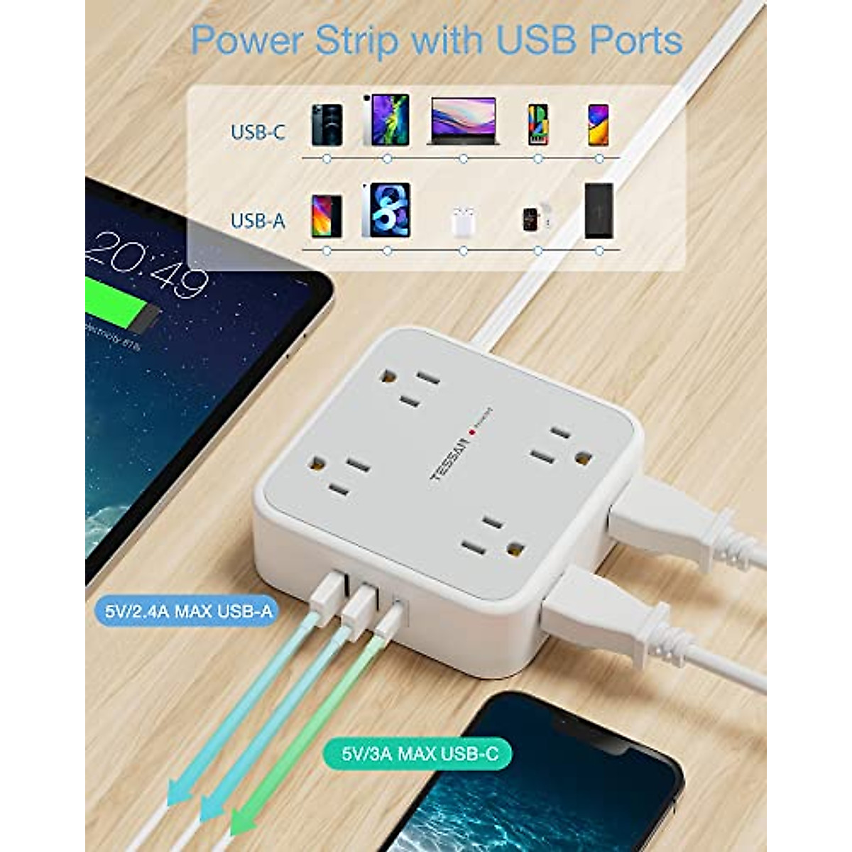 Ultra Thin Flat Extension Cord, Flat Plug Power Strip with USB C, 8 Widely Outlets, 3 USB Charger(1 USB C Port), 5 Ft, 900 Joules Surge Protector, Office Supplies, Travel, Dorm Room Essentials