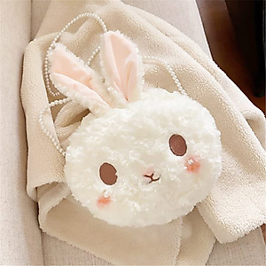 JIANEEXSQ Cute Bunny Crossbody Bag Kawaii Fluffy Plush Rabbit Animal Purse Lovely Lolita Girl Handbag Kids Teenagers Wallets (Pearl Chain), White